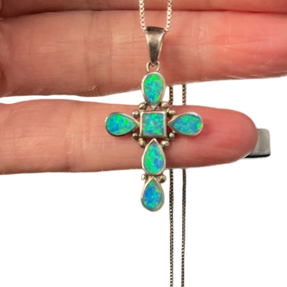 AK | Jewelry | Signed Sterling Silver Blue Fire Opal Inlay Cross ...